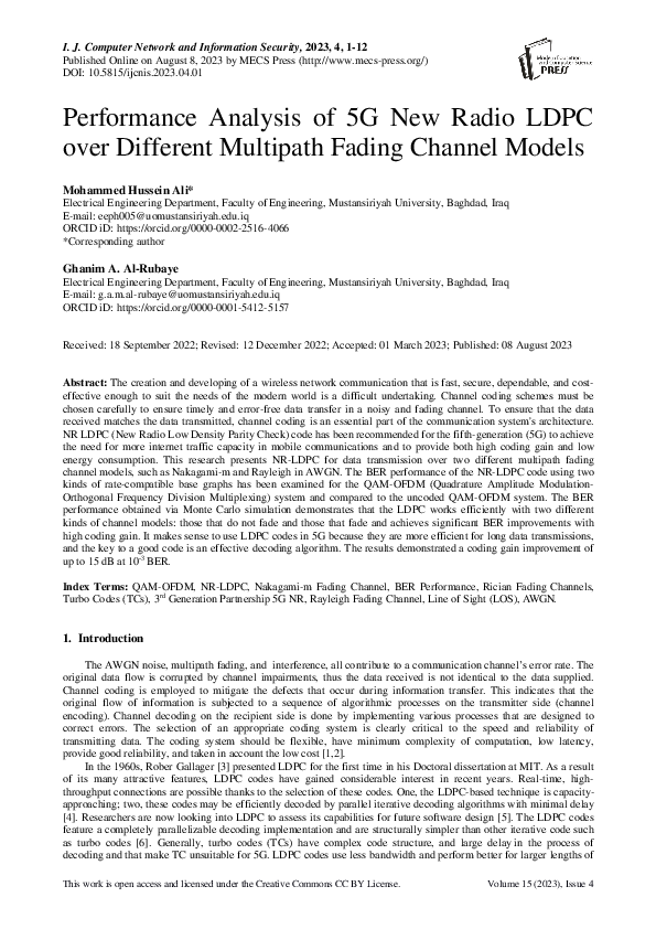 (PDF) Performance Analysis of 5G New Radio LDPC over Different Multipath Fading Channel Models