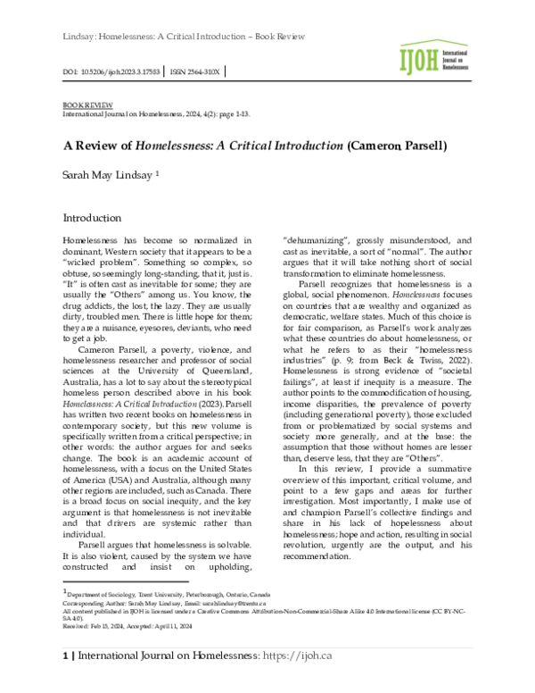 (PDF) A Review of Homelessness: A Critical Introduction (Cameron Parsell)