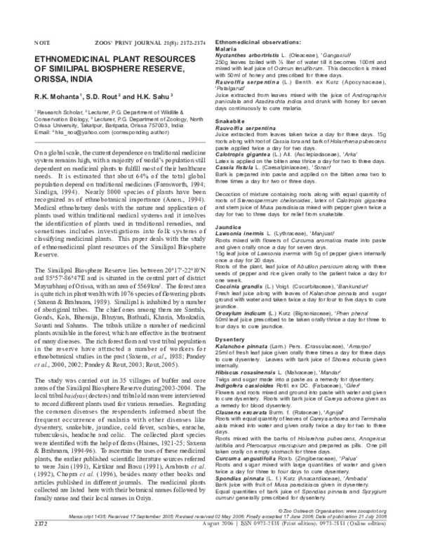 (PDF) Ethnomedicinal plant resources of Similipal Biosphere Reserve, Orissa, India