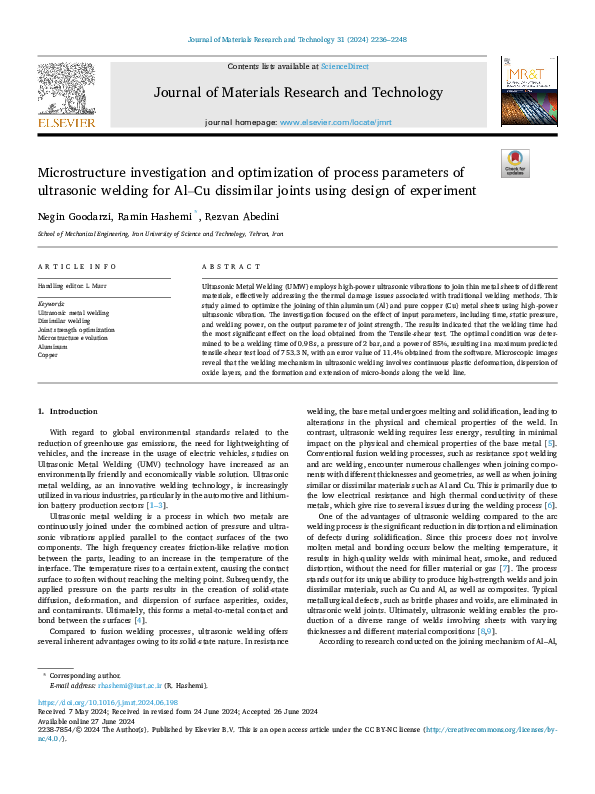(PDF) Microstructure investigation and optimization of process parameters of ultrasonic welding ...