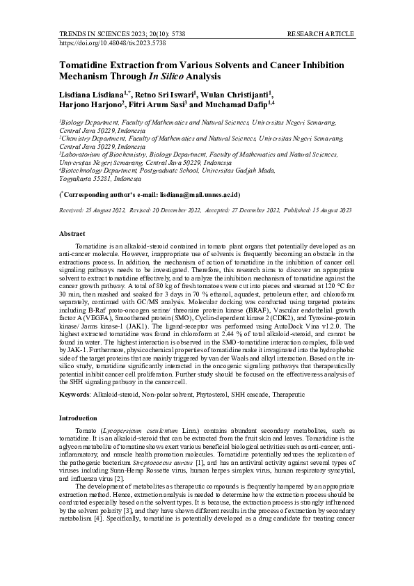 (PDF) Tomatidine Extraction from Various Solvents and Cancer Inhibition Mechanism Through In ...