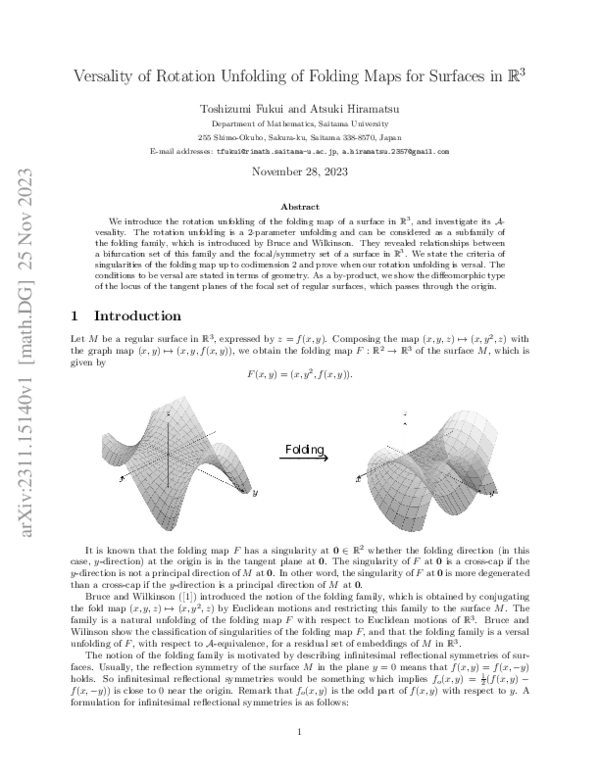 (PDF) Versality of Rotation Unfolding of Folding Maps for Surfaces in ...