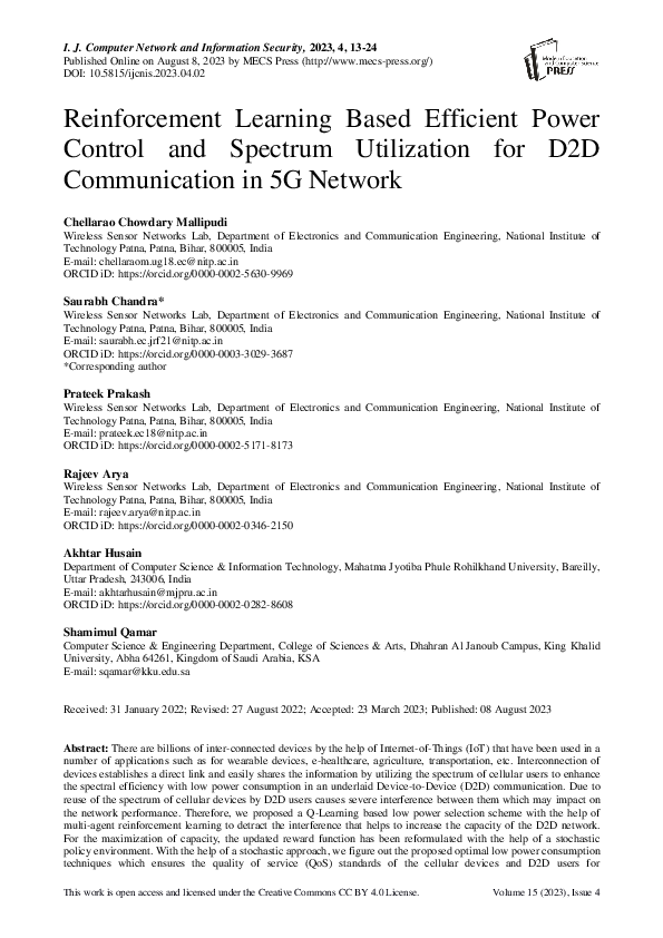 (PDF) Reinforcement Learning Based Efficient Power Control and Spectrum Utilization for D2D ...