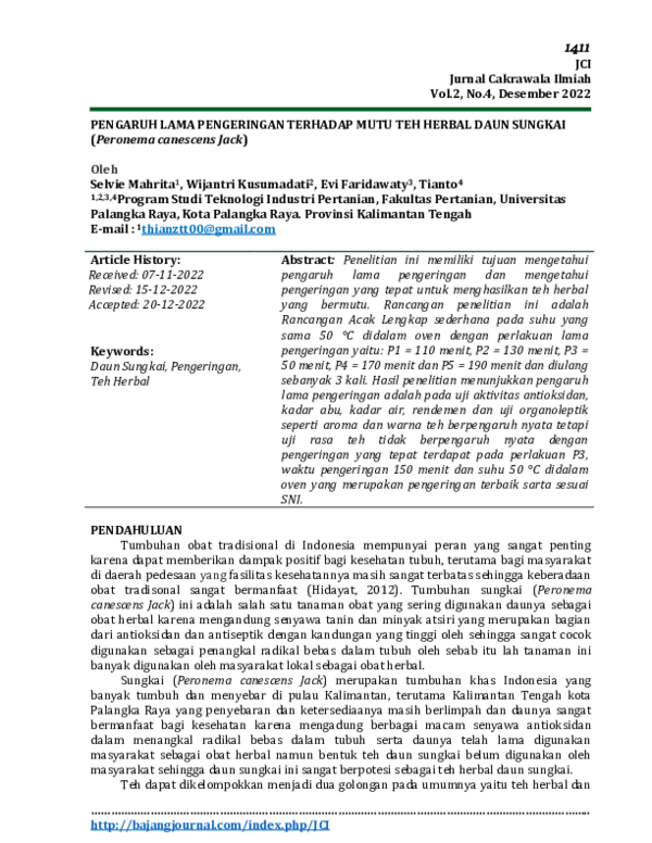 (PDF) PENGARUH LAMA PENGERINGAN TERHADAP MUTU TEH HERBAL DAUN SUNGKAI ...