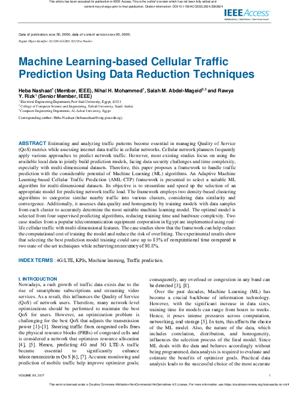 Pdf Machine Learning Based Cellular Traffic Prediction Using Data