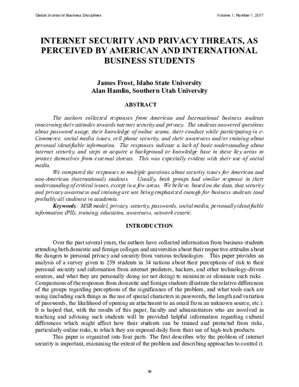 (PDF) Internet Security and Privacy Threats, as Perceived by American ...
