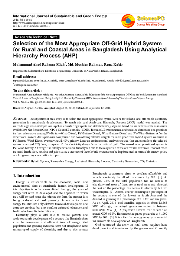 (PDF) Selection of the Most Appropriate Off-Grid Hybrid System for Rural and Coastal Areas in ...