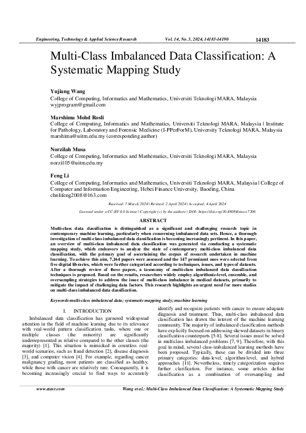 Pdf Multi Class Imbalanced Data Classification A Systematic Mapping