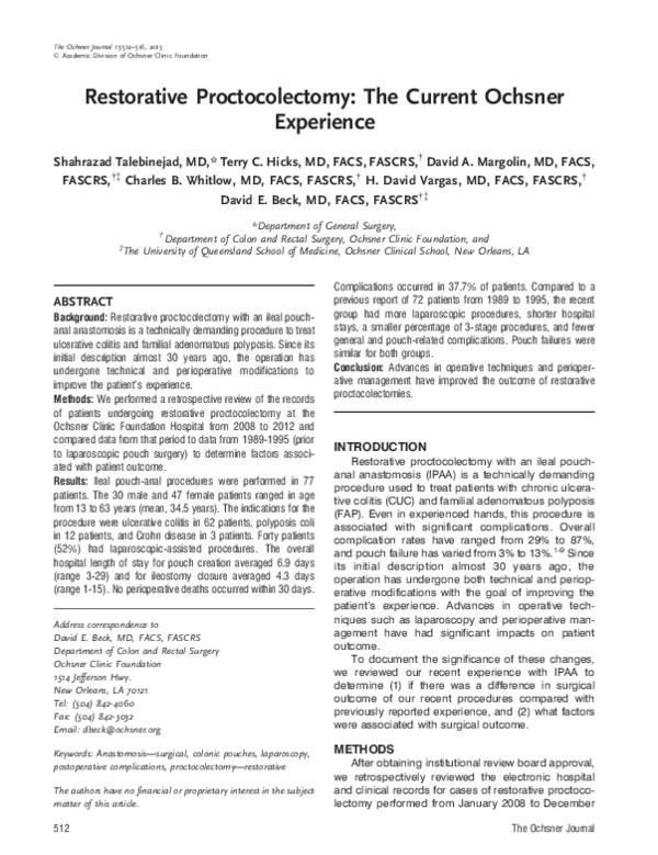 (PDF) Restorative proctocolectomy: the current ochsner experience