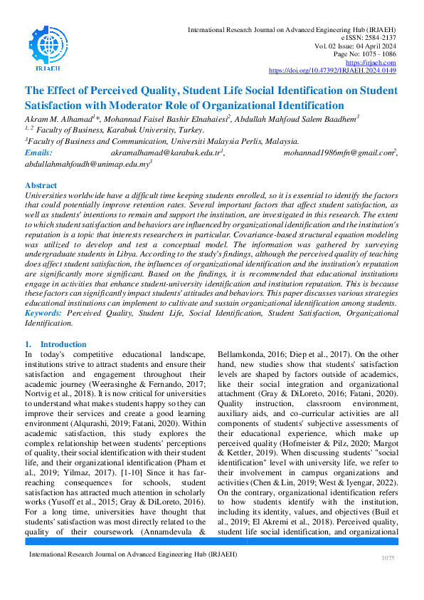 (PDF) The Effect of Perceived Quality, Student Life Social Identification on Student ...