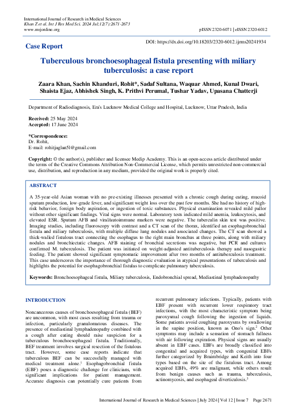 (PDF) Tuberculous bronchoesophageal fistula presenting with miliary tuberculosis: a case report