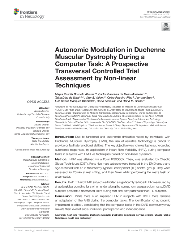 (PDF) Autonomic Modulation in Duchenne Muscular Dystrophy During a Computer Task: A Prospective ...