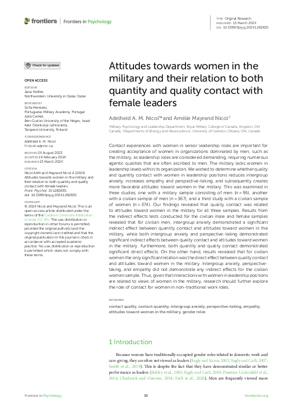 (PDF) Attitudes towards women in the military and their relation to ...