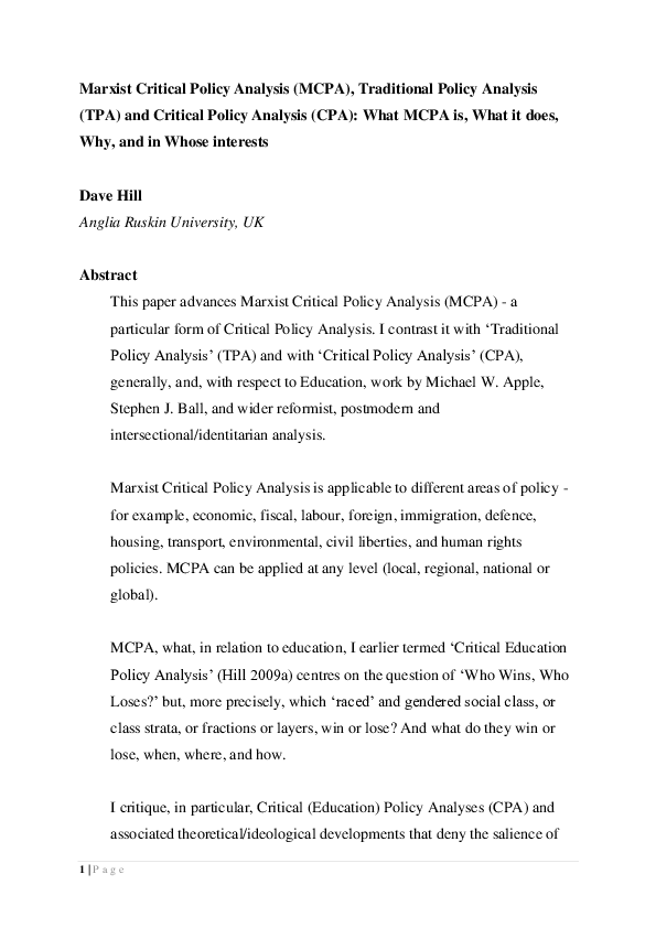 (PDF) Marxist Critical Policy Analysis JCEPS 21(2)