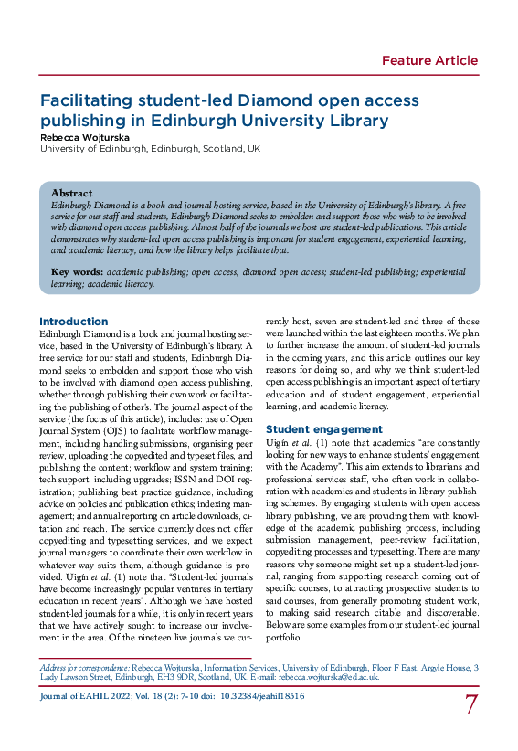 (PDF) Facilitating Student-led Diamond Open Access Publishing in the Library