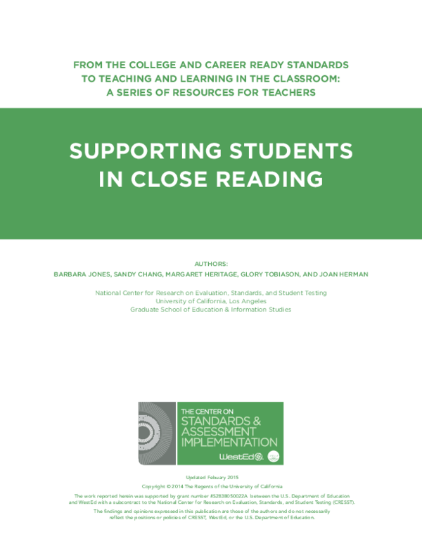 (PDF) Supporting Students in Close Reading. From the College and Career ...
