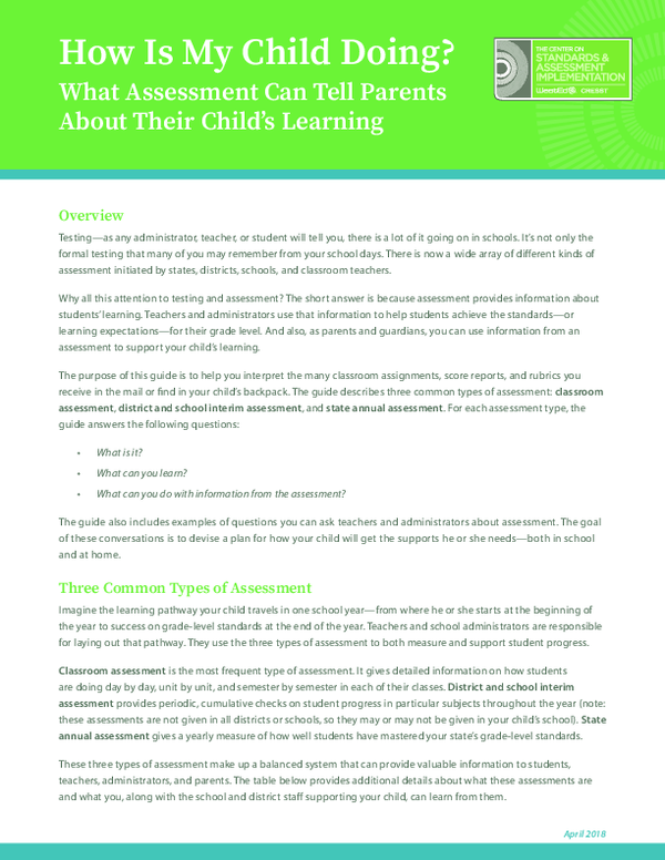 (PDF) How Is My Child Doing? What Assessment Can Tell Parents about ...