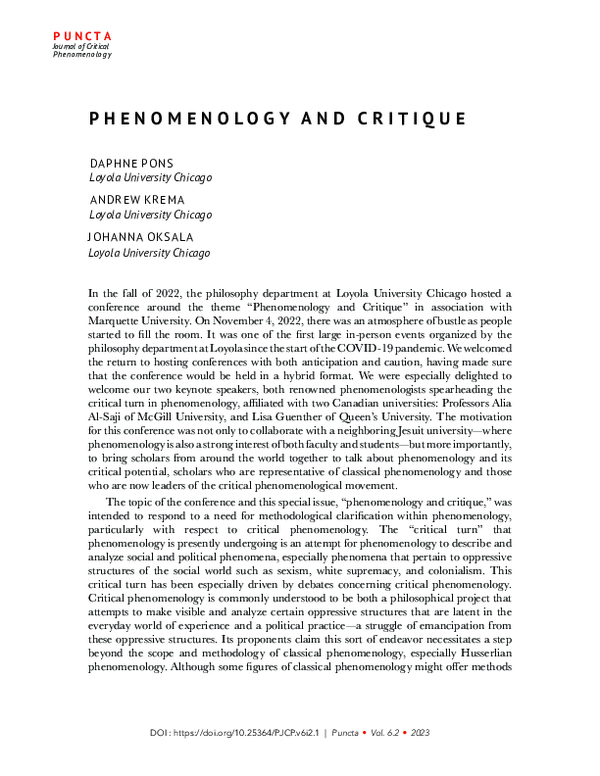 (PDF) Phenomenology and Critique: Editor's Introduction