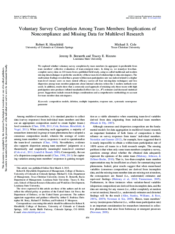 (PDF) Voluntary survey completion among team members: Implications of noncompliance and missing ...