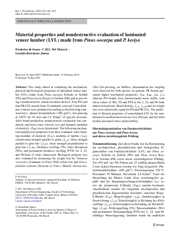 (PDF) Material properties and nondestructive evaluation of laminated veneer lumber (LVL) made ...