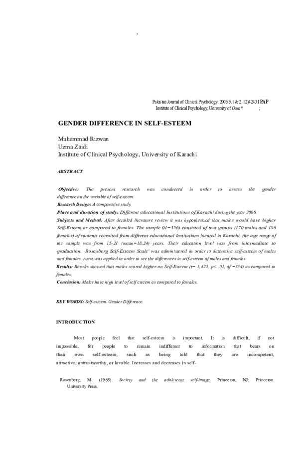 (PDF) Gender Differences in Self-esteem