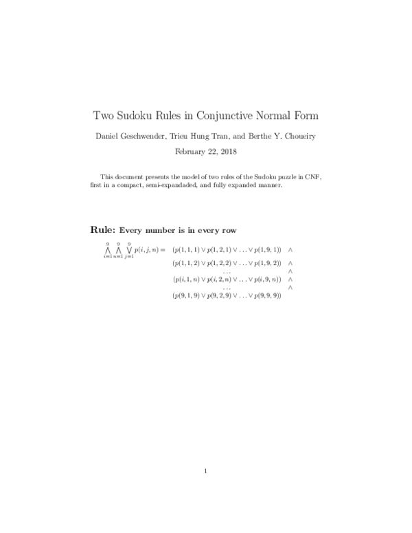 (PDF) Two Sudoku Rules in Conjunctive Normal Form