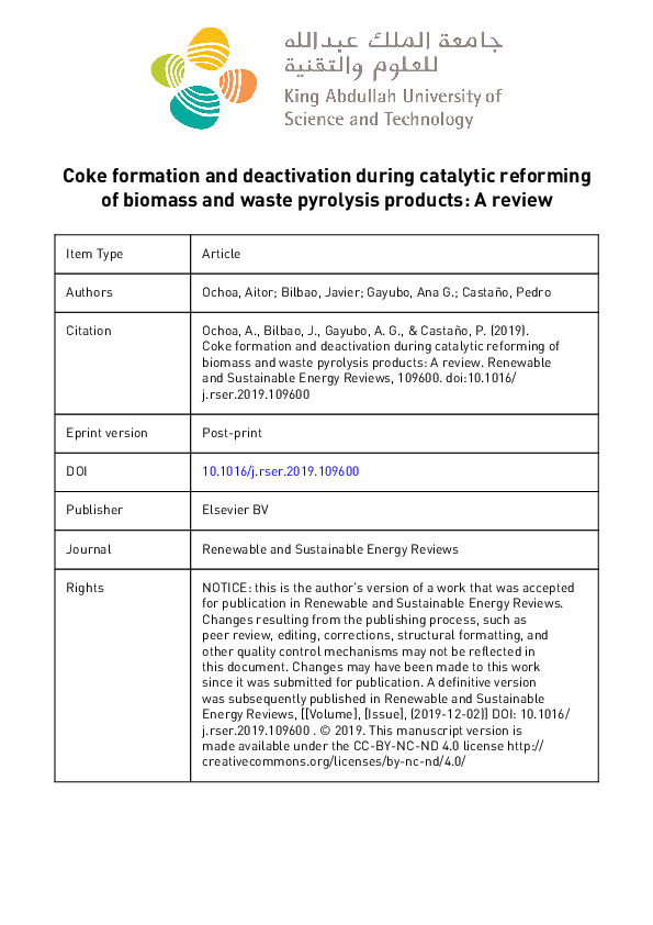 (PDF) Coke formation and deactivation during catalytic reforming of ...