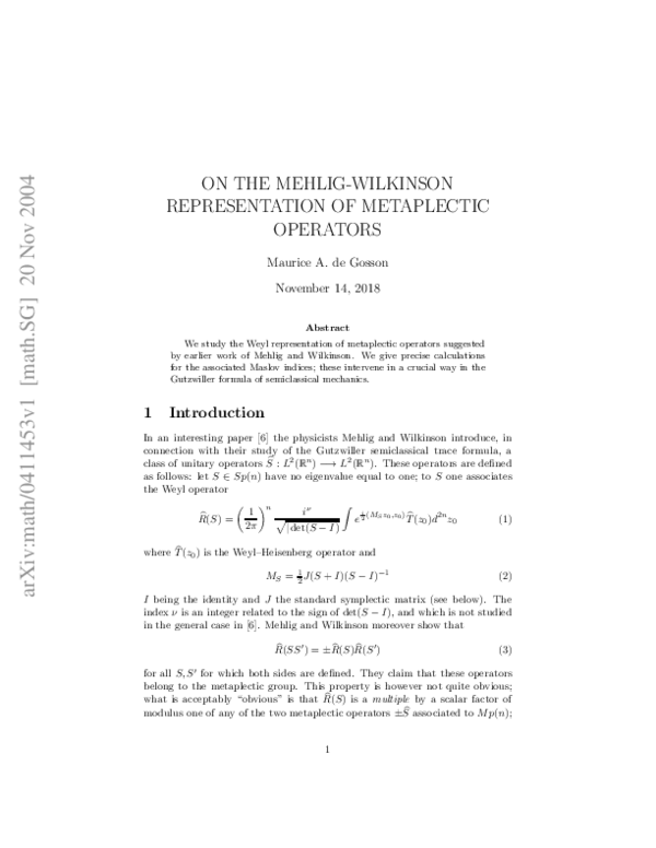 (PDF) On the Mehlig-Wilkinson Representation of Metaplectic Operators