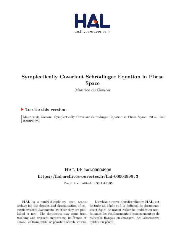(PDF) Symplectically covariant Schrödinger equation in phase space