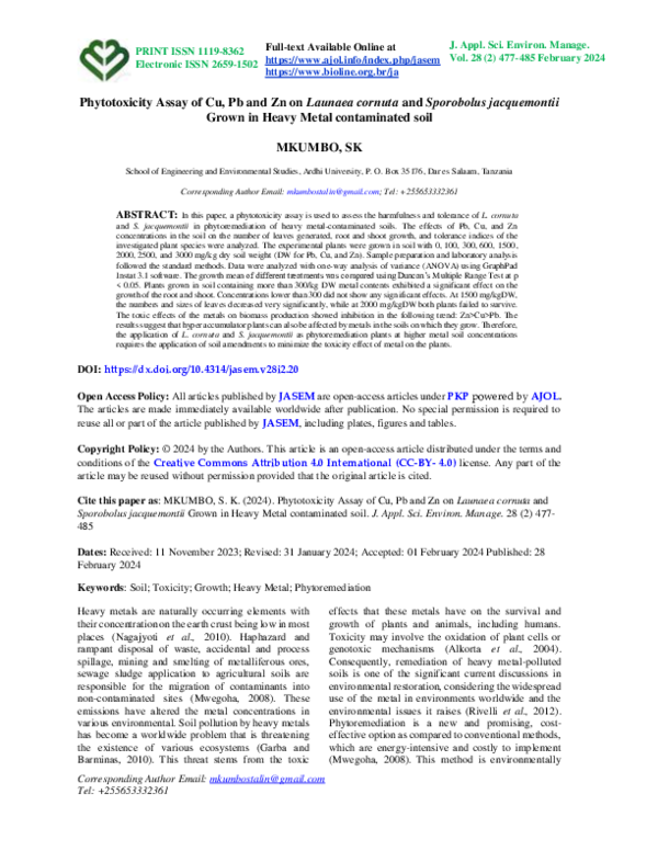 (PDF) Phytotoxicity Assay of Cu, Pb and Zn on Launaea cornuta and ...