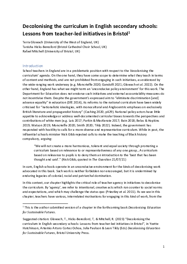(PDF) Decolonising the curriculum in English secondary schools: Lessons ...