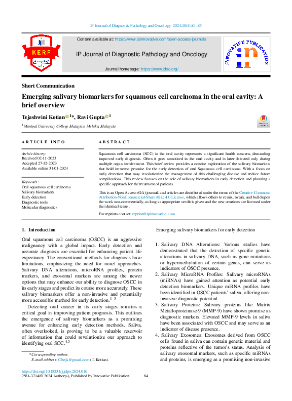 (PDF) Emerging salivary biomarkers for squamous cell carcinoma in the oral cavity: A brief overview