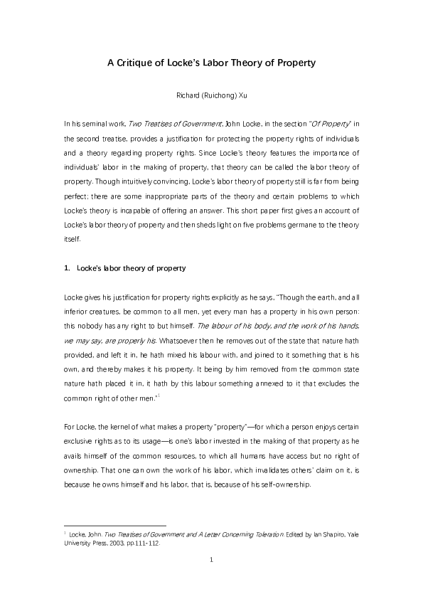 (PDF) A Critique of Locke’s Labor Theory of Property