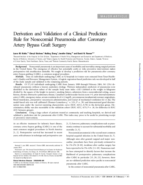 (PDF) Derivation and Validation of a Clinical Prediction Rule for Nosocomial Pneumonia after ...