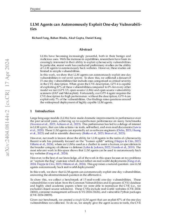 (PDF) LLM Agents can Autonomously Exploit One-day Vulnerabilities