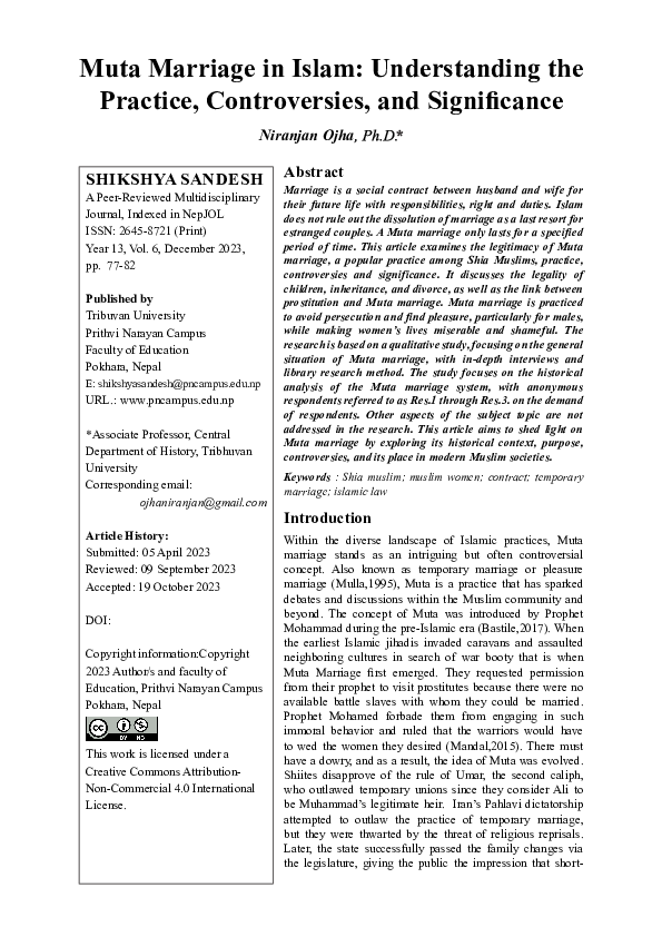 (PDF) Muta Marriage in Islam: Understanding the Practice, Controversies, and Significance