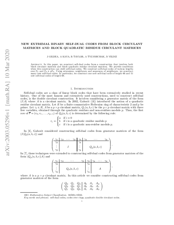 (PDF) New extremal binary self-dual codes from block circulant matrices and block quadratic ...