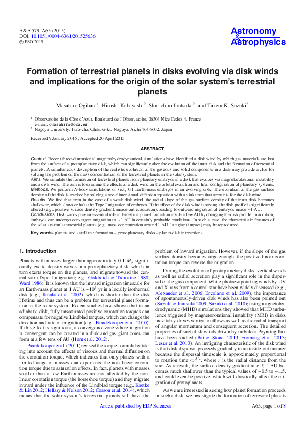 (PDF) Formation of terrestrial planets in disks evolving via disk winds and implications for the ...