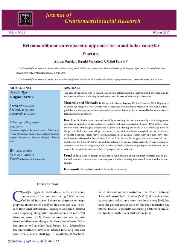 (PDF) Retromandibular anteroparotid approach for mandibular condylar ...