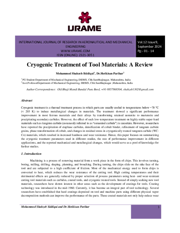 (PDF) Cryogenic Treatment of Tool Materials: A Review