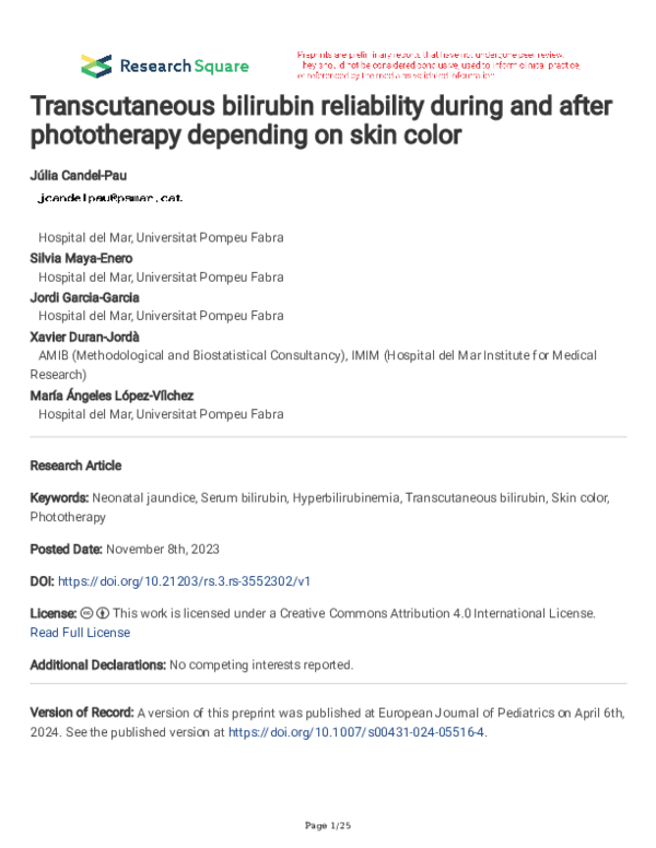 (PDF) Transcutaneous bilirubin reliability during and after ...