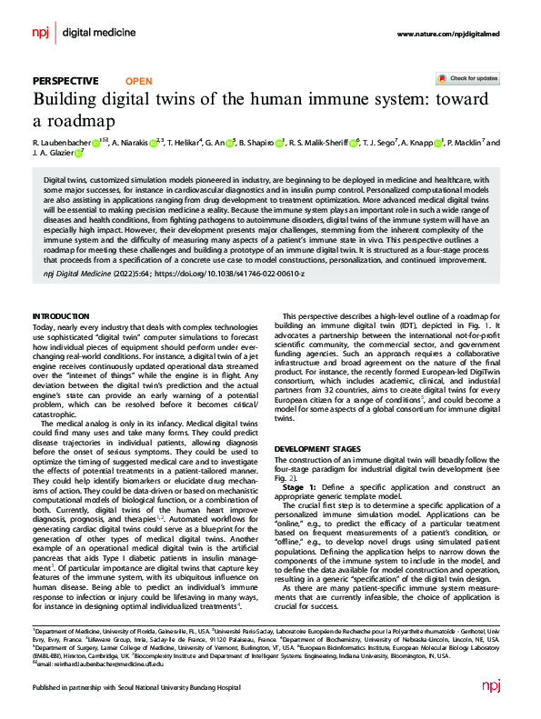 (PDF) Building digital twins of the human immune system: toward a roadmap