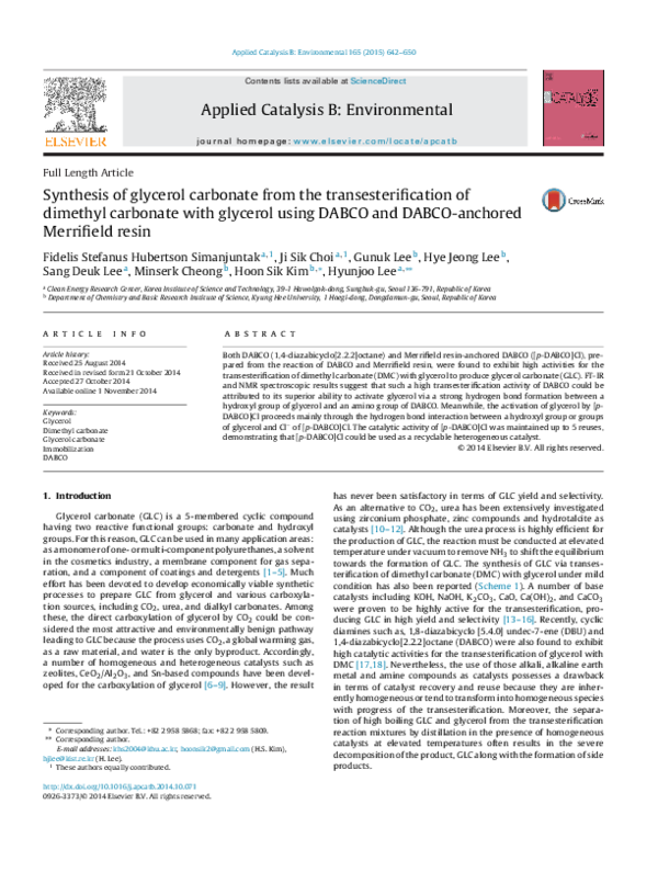 (PDF) Synthesis of glycerol carbonate from the transesterification of ...
