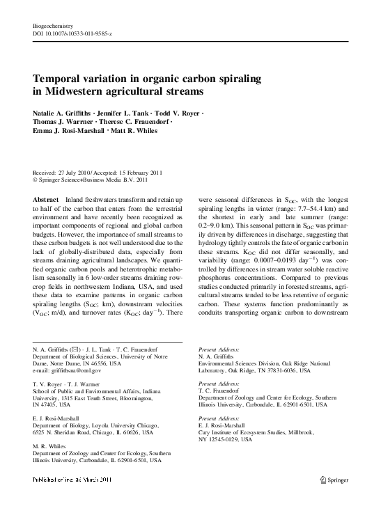 (PDF) Temporal variation in organic carbon spiraling in Midwestern agricultural streams ...