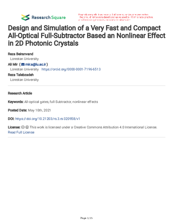 (PDF) Design and simulation of a very fast and compact all-optical Full-Subtractor based on ...