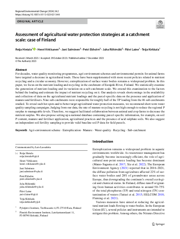 (PDF) Assessment of agricultural water protection strategies at a ...