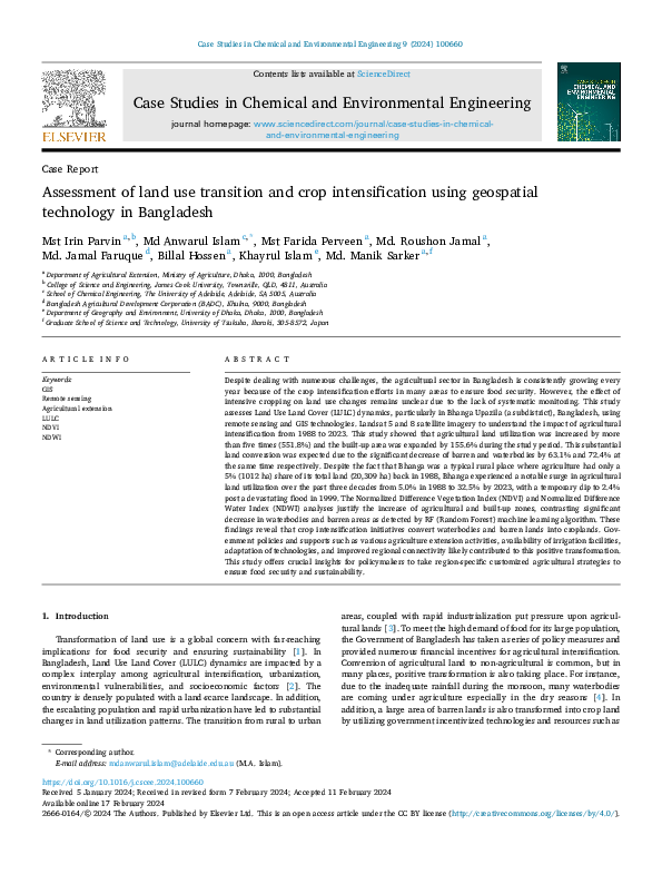 (PDF) Assessment of Land Use Transition and Crop Intensification Using Geospatial Technology in ...