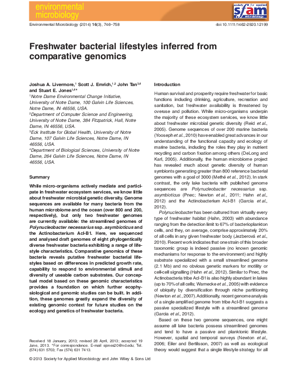 (PDF) Freshwater bacterial lifestyles inferred from comparative genomics