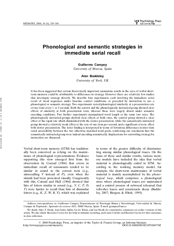 (PDF) Phonological and Semantic Strategies In Immediate Serial Recall