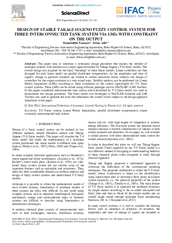 (PDF) DESIGN OF STABLE TAKAGI SUGENO FUZZY CONTROL SYSTEM FOR THREE ...